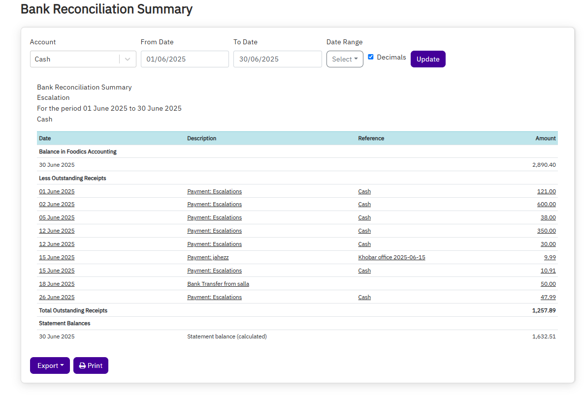 Bank Reconciliation Summary Report in Foodics Accounting – Foodics ...