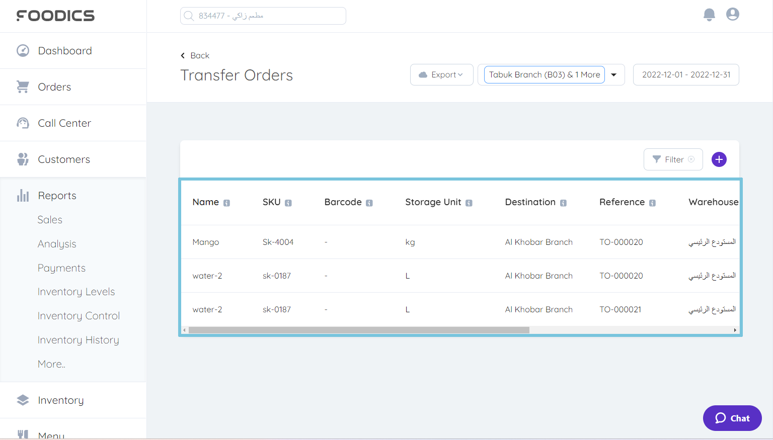 Transfer Orders Report – Foodics - Help Center
