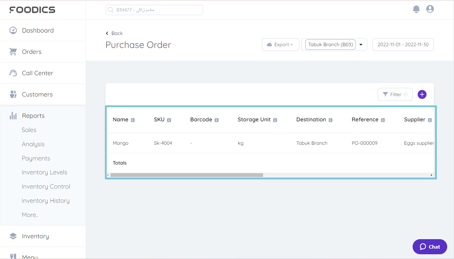 Purchase Orders Report – Foodics - Help Center