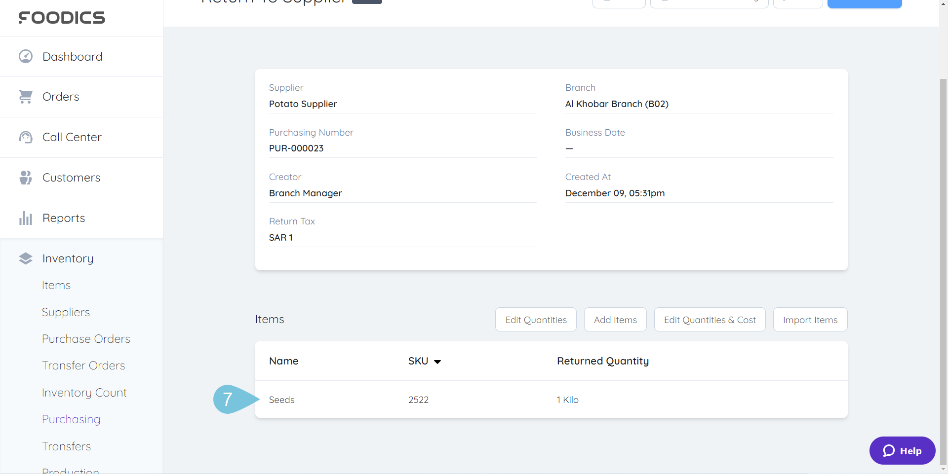 Returning Items from Purchasing Transactions – Foodics - Help Center