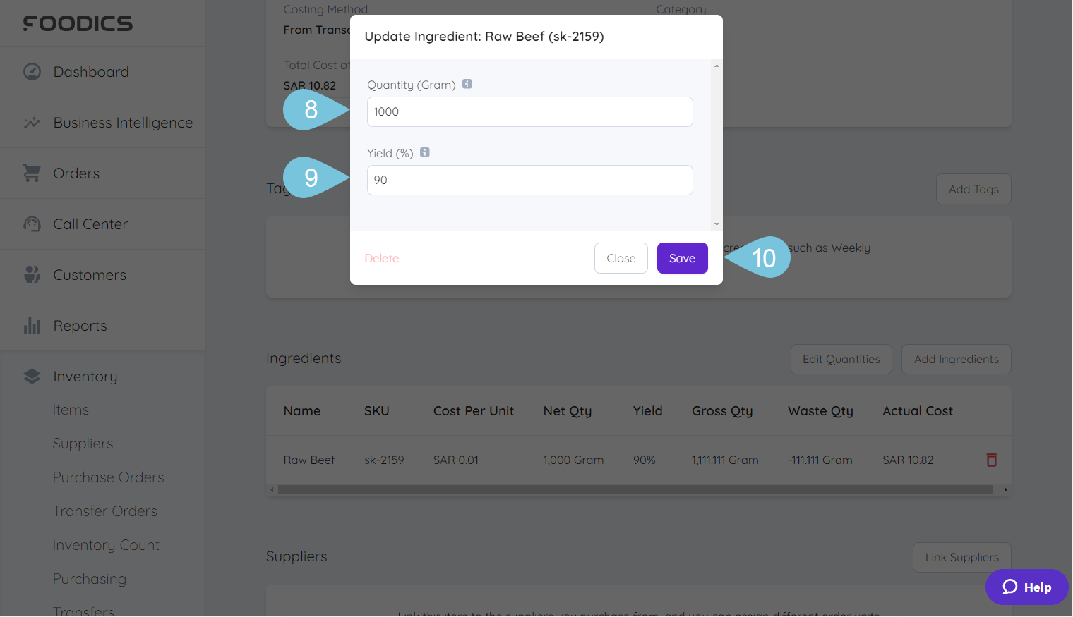 Defining waste percentage from production (Yield) – Foodics - Help Center