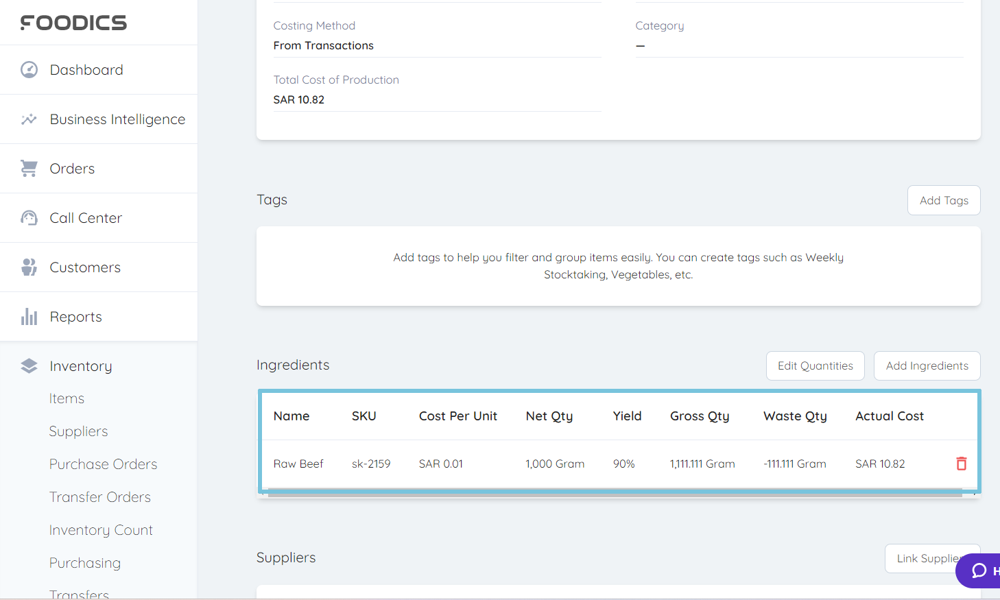 Defining waste percentage from production (Yield) – Foodics - Help Center